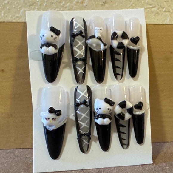 Makeup | Black And White 3d Character Press On Nails Long Almond Bows ...